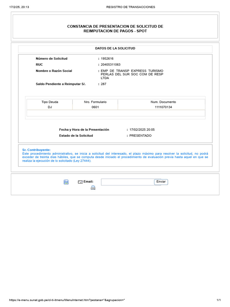 Solicitud de Reimputación de Pagos S/. 287 | PDF
