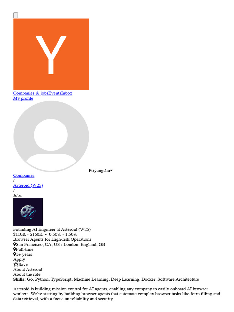 Founding AI Engineer at Asteroid - Y Combinator's Work at A Startup | PDF | Artificial ...