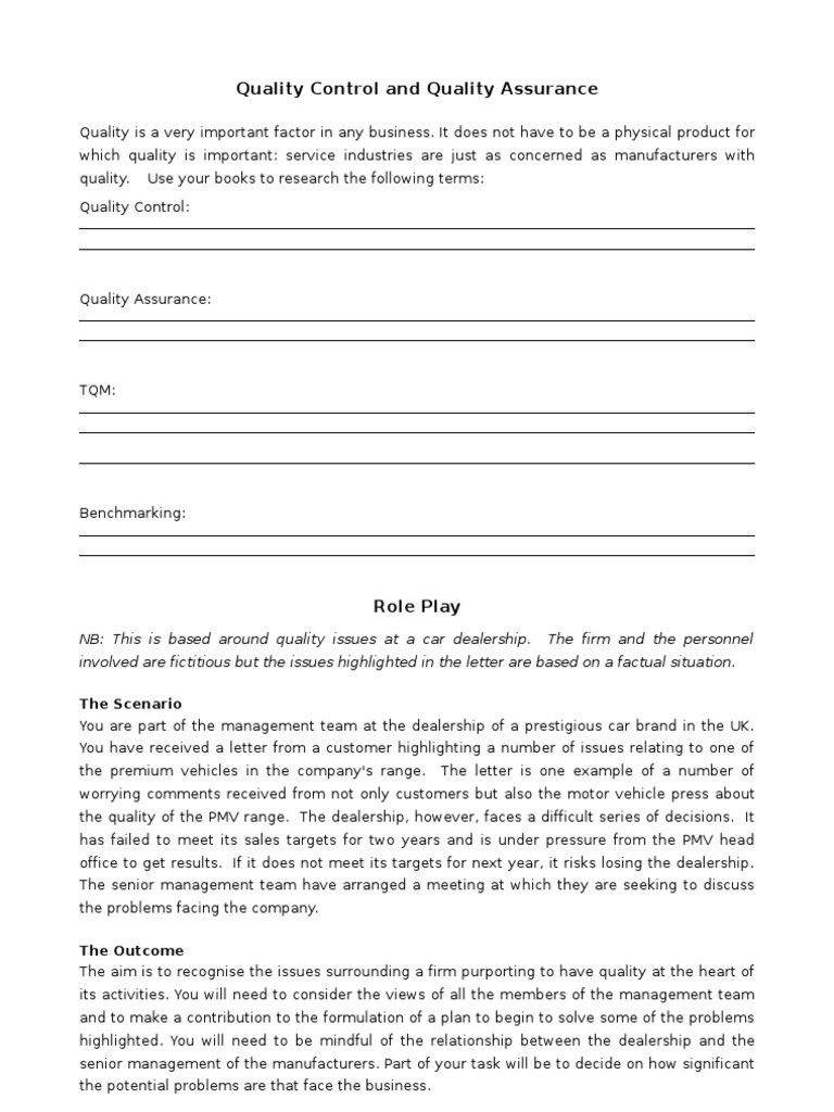 Quality Role Play Handout | PDF | Car | Vehicles