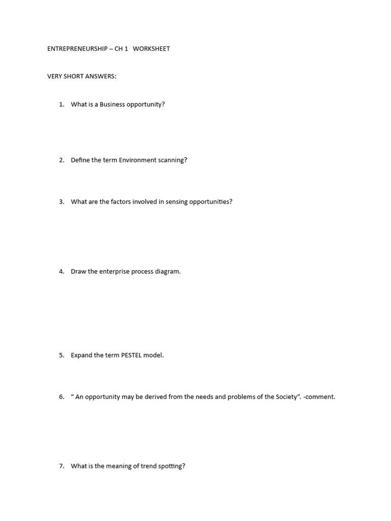 Entrepreneurship Worksheet: Key Concepts | PDF