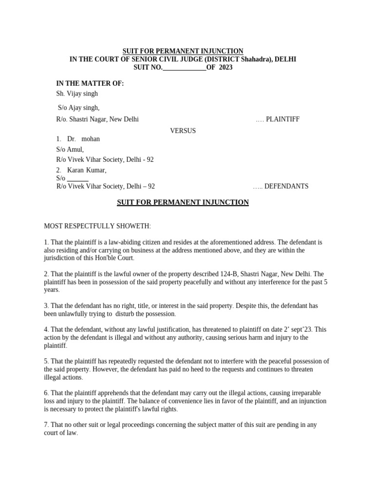Suit for Permanent Injunction (1) (1) | PDF | Lawsuit | Judiciaries