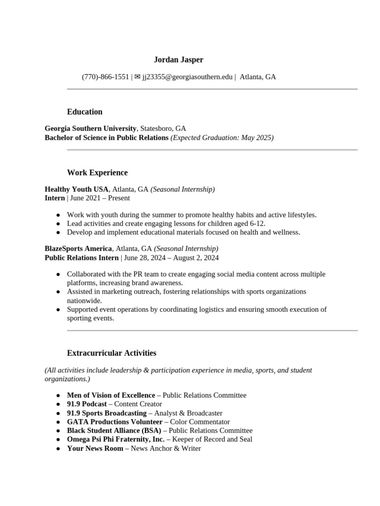 Jordan Jasper: Public Relations Intern Resume | PDF