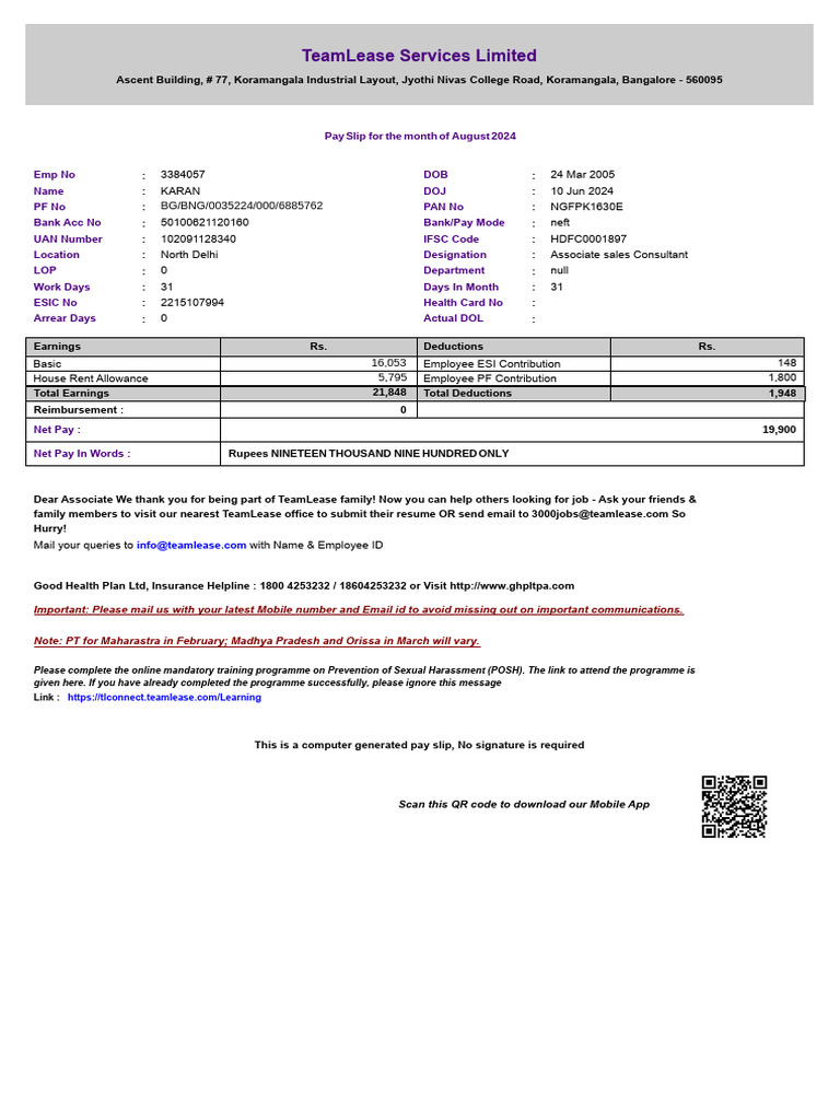 August 2024 Pay Slip for TeamLease Employee | PDF