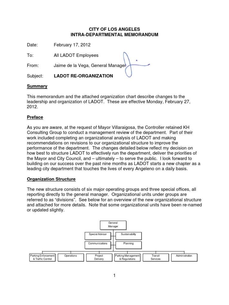 Ladot Re-Organization Memo (2012!02!17) With Org Chart-1 | PDF ...