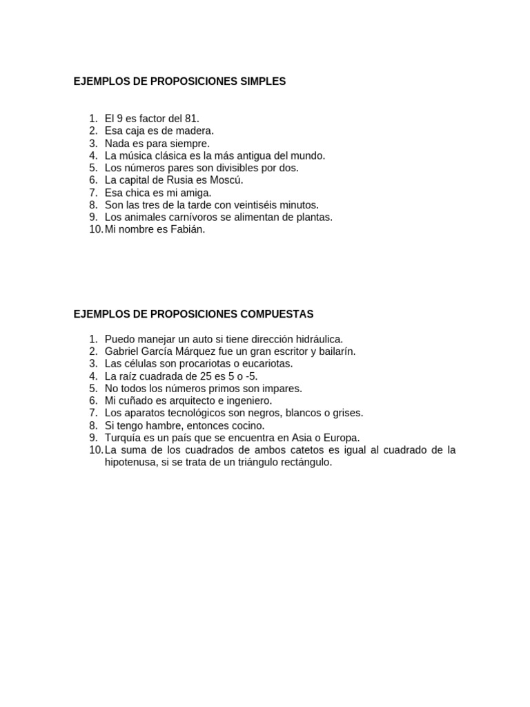 EJEMPLOS DE PROPOSICIONES SIMPLES | PDF