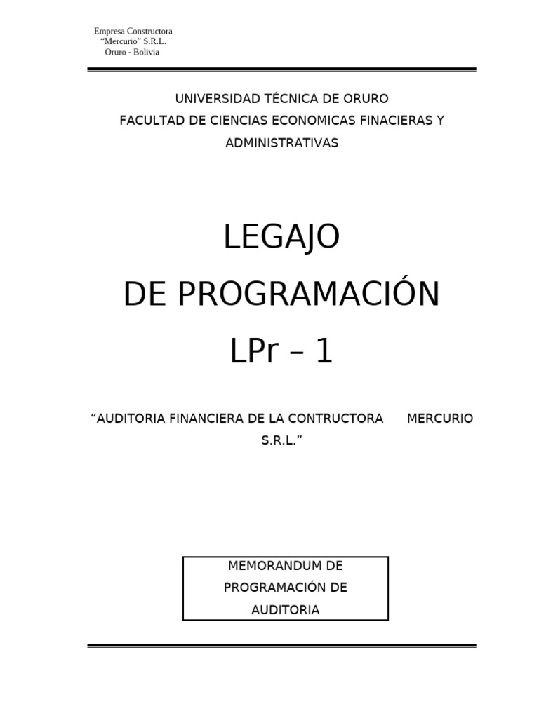 Legajo de Programación LPR - 1: Universidad Técnica de Oruro Facultad de Ciencias Economicas ...
