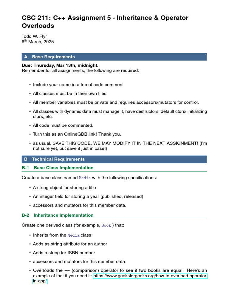 CSC 211 Assignment 5 Inheritance and Operator Overloads | PDF