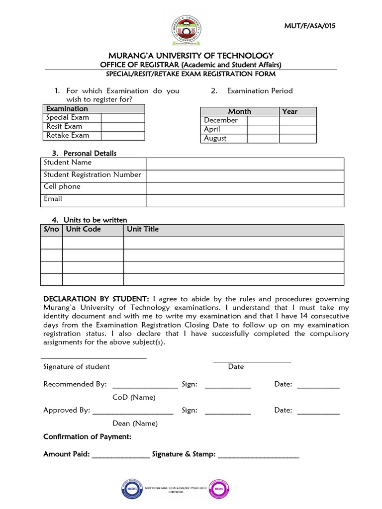 Special Resit Retake Exam Registration Form | PDF