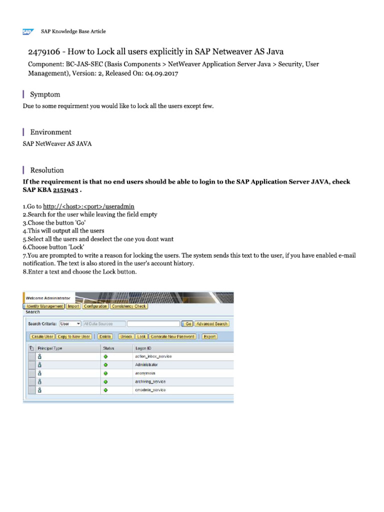 Note 2479106 - How To Lock All Users Explicitly in SAP Netweaver AS ...