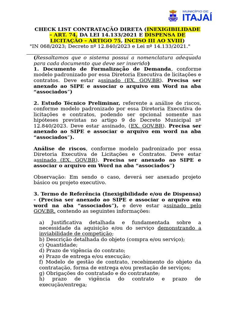 Check List: Inexigibilidade e Dispensa de Licitação | PDF