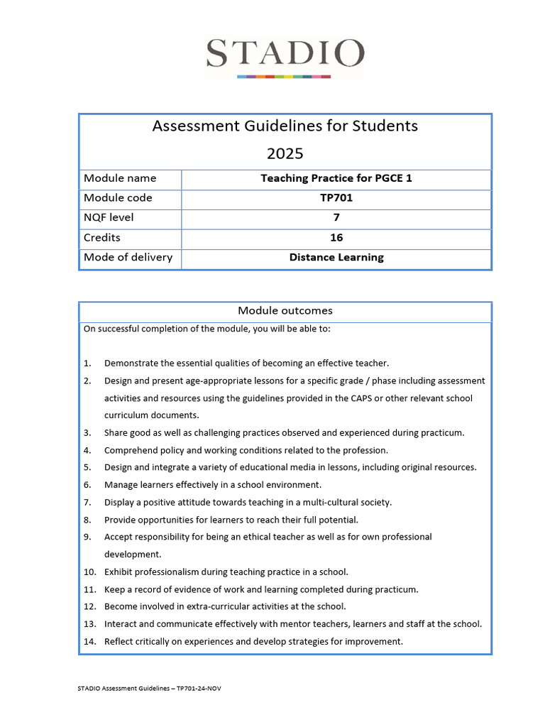 STADIO Assessments Guidelines - TP701 DL-1 | PDF | Teachers | Mentorship