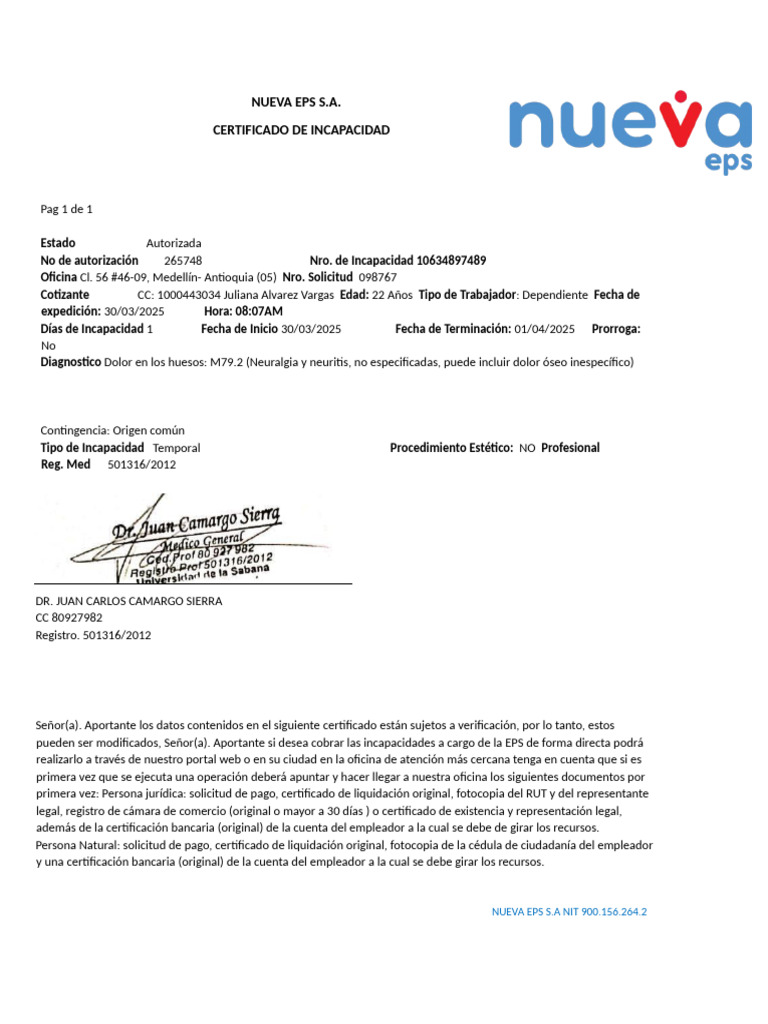Certificado de Incapacidad Temporal NUEVA EPS | PDF