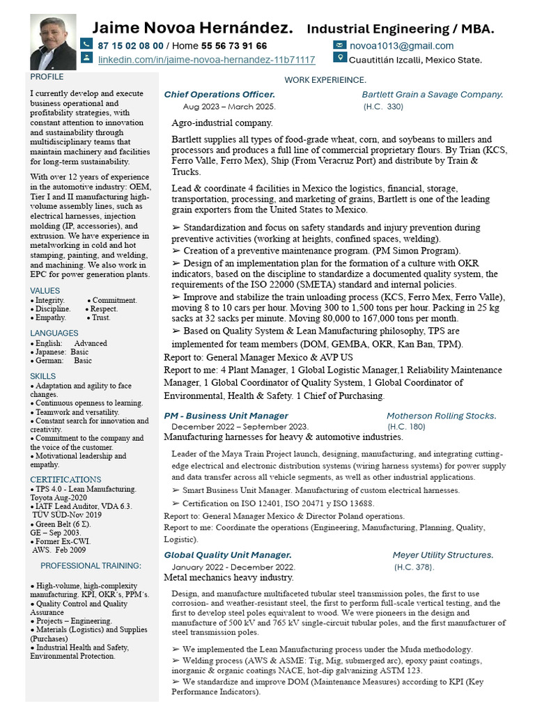 Jaime Novoa Hernández. Resume | PDF | Lean Manufacturing | Toyota