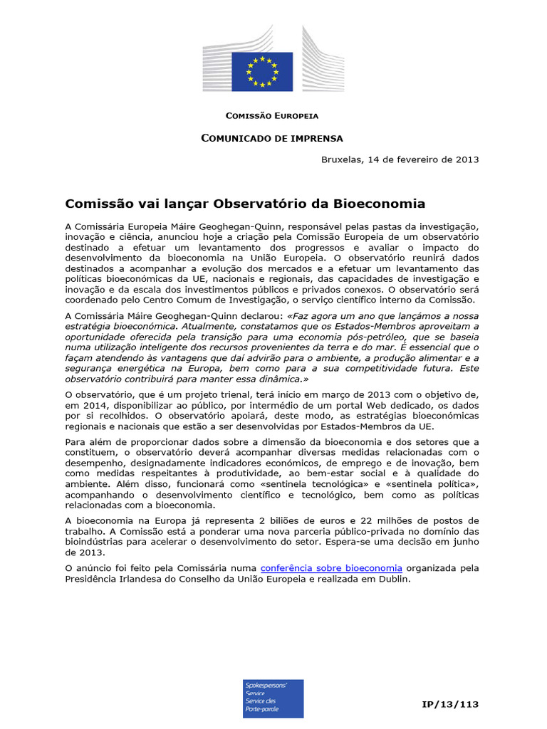 Comiss o Vai Lan Ar Observat Rio Da Bioeconomia | PDF | União Europeia | Economia