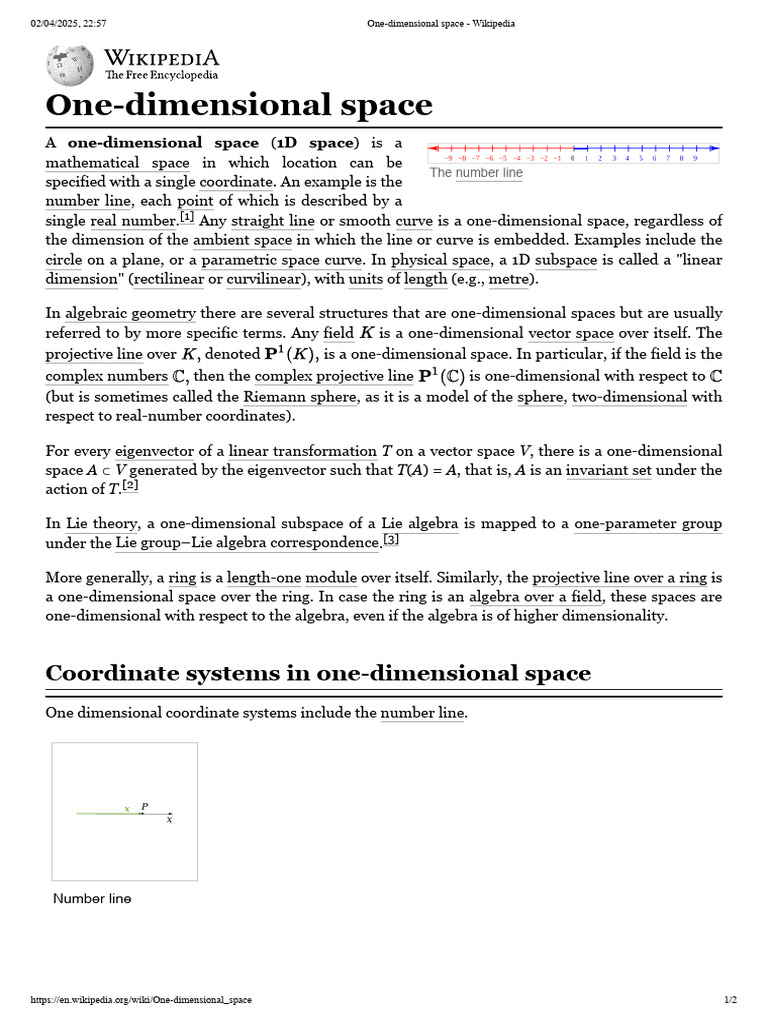 One-Dimensional Space - Wikipedia | PDF | Vector Space | Line (Geometry)