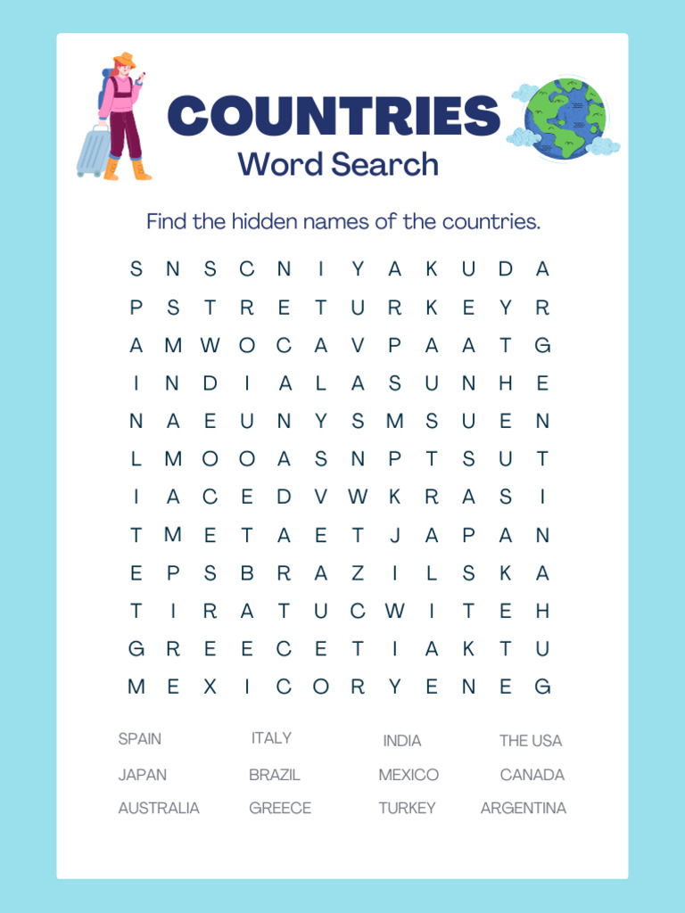 Countries Word Search Worksheet Blue in Cute Fun Style | PDF