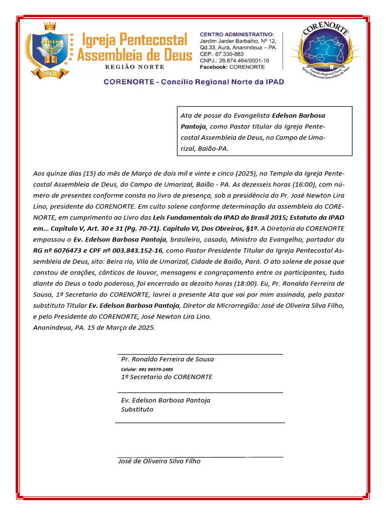Ata de Posse Do Ev Edelson Pantoja. - Umarizal | PDF