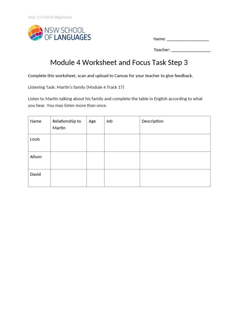 French Module 4 Worksheet | PDF