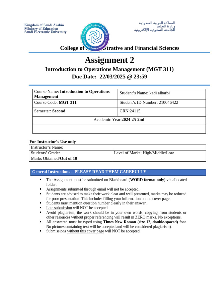 MGT 311 Assignment 2 Seond Sem 24 25 | PDF | Lean Manufacturing | Carpentry