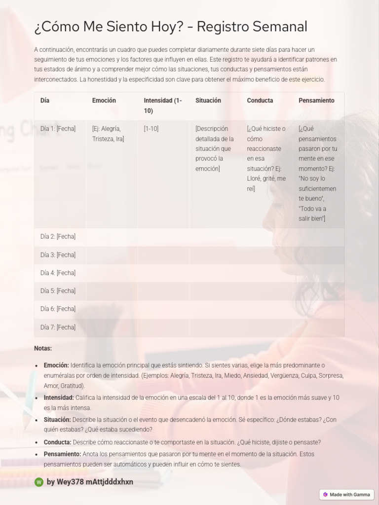 Como Me Siento Hoy Registro Semanal | PDF | Las emociones | Experiencia subjetiva