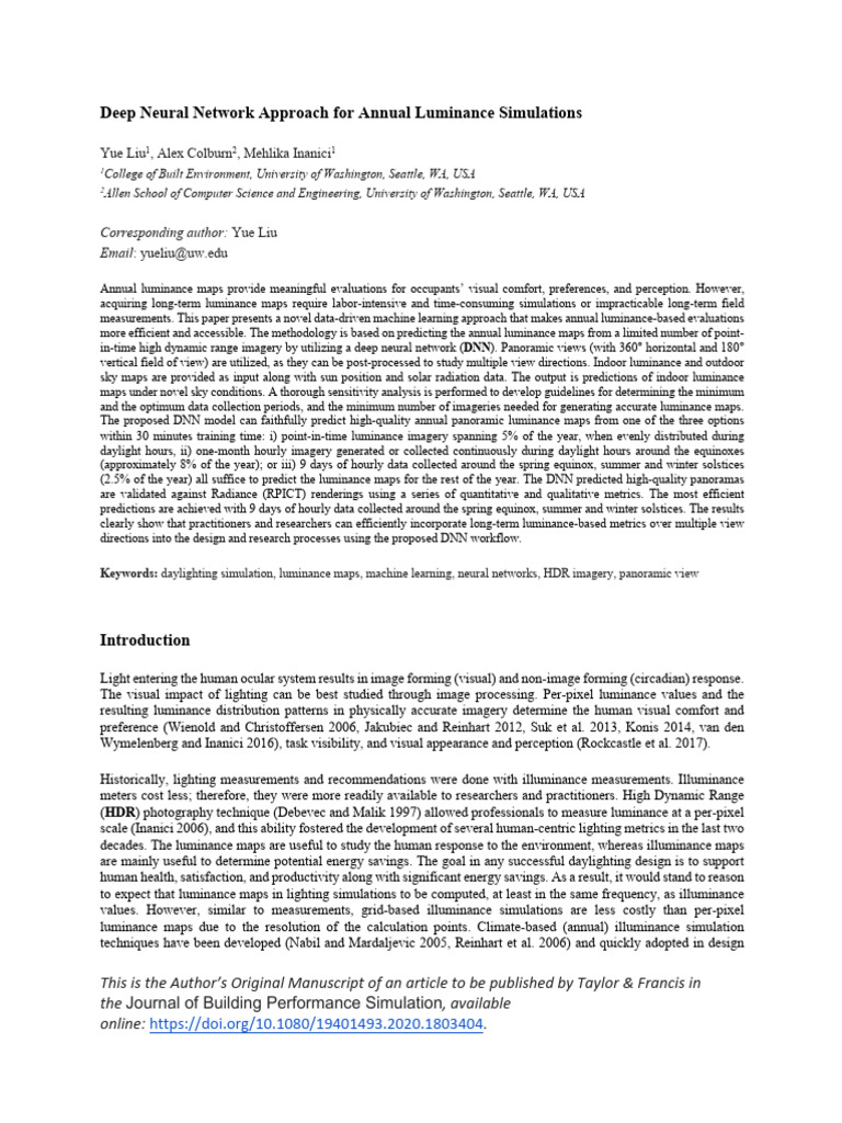 Deep neural network approach for annual luminance simulations | PDF | Deep Learning | Rendering ...