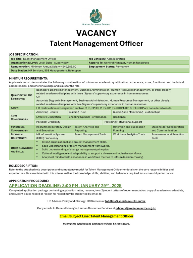 VACANCY Talent MGMT Officer HR Services External Extended | PDF ...
