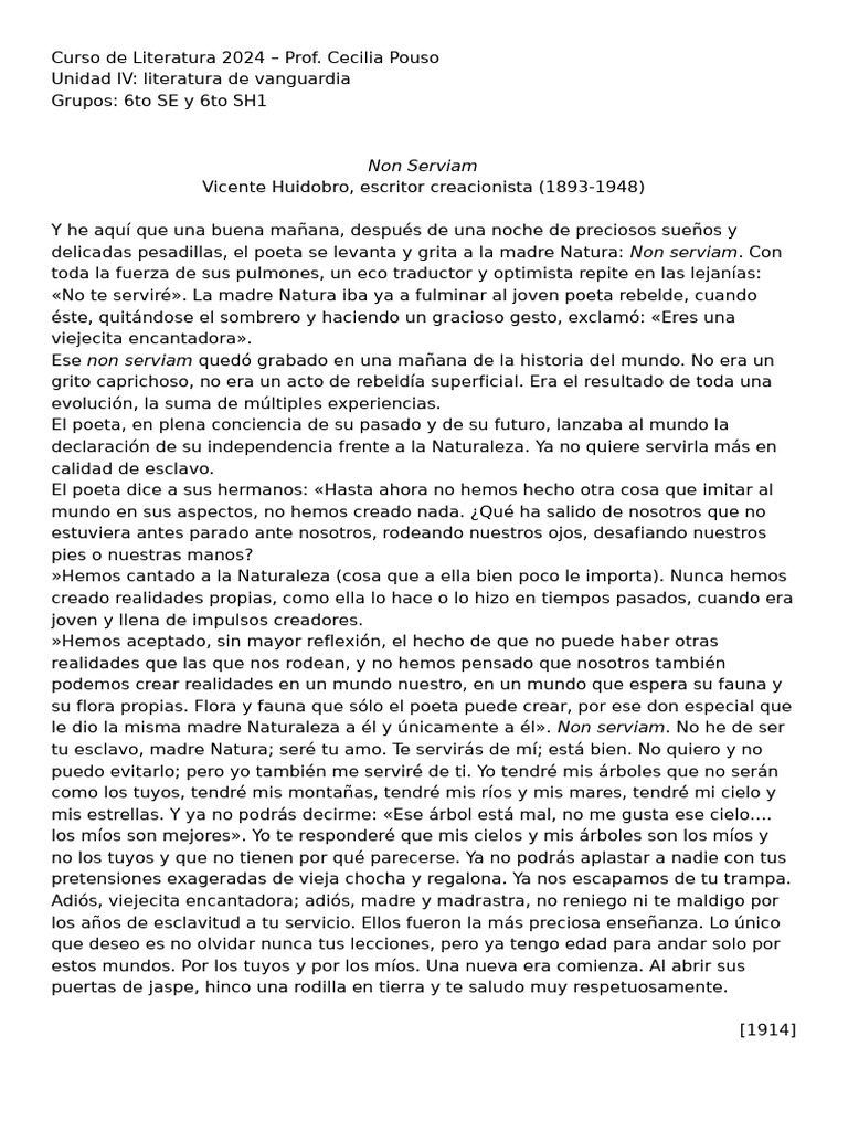 Vicente Huidobro y el Non Serviam | PDF