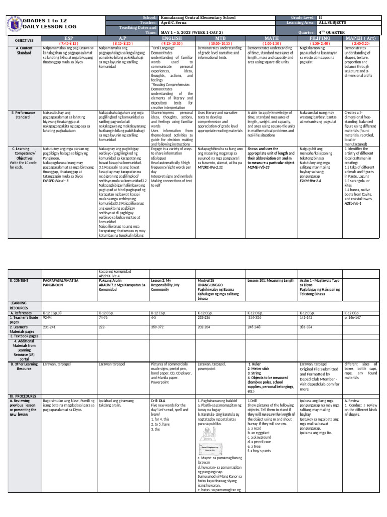 DLL - All Subjects 2 - Q4 - W1 - D2 | PDF