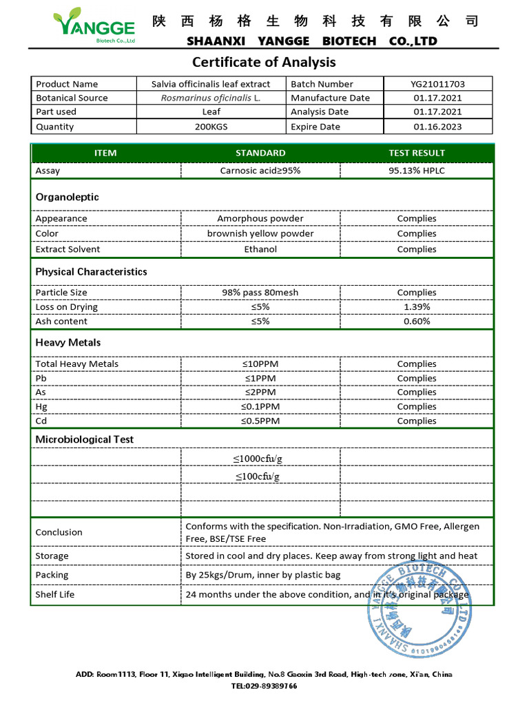 COA-Salvia Officinalis Leaf extrat-YANGGEBIOTECH | PDF | Physical Sciences | Chemistry