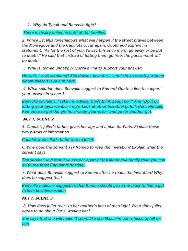 Act 1 Questions | PDF | Characters In Romeo And Juliet | Romeo And Juliet