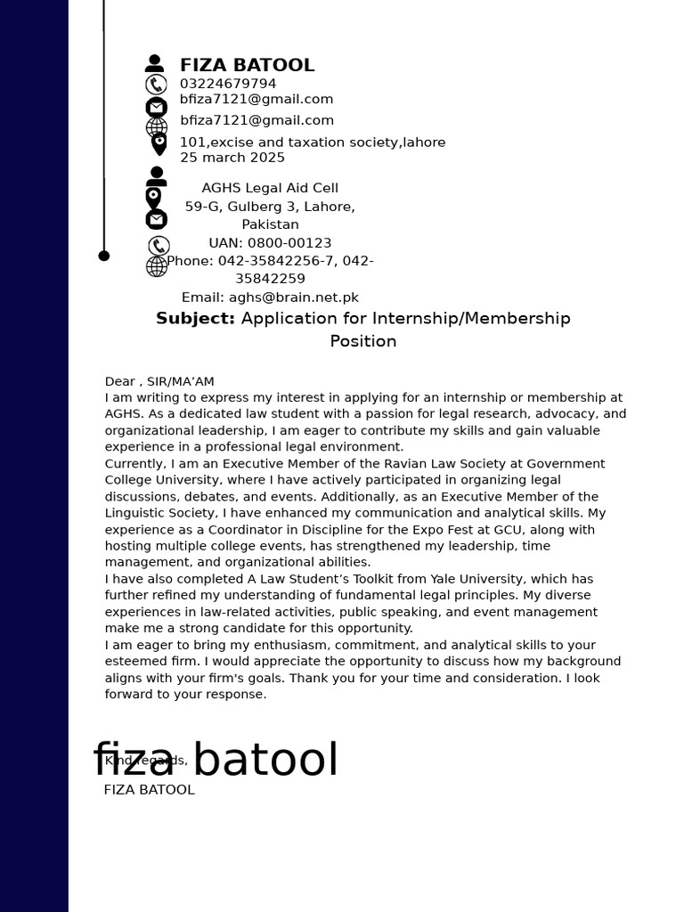 Internship Application for AGHS Legal Aid | PDF
