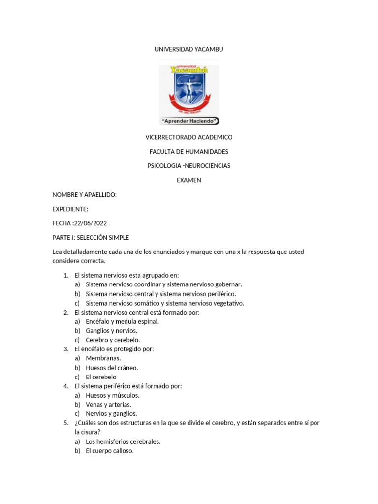 Examen Neuro | PDF | Cerebro | Sistema nervioso central