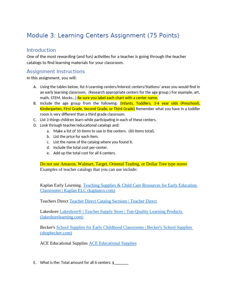 Assignment Learning Centers Module 3 ADA1 | PDF | Preschool | Teachers