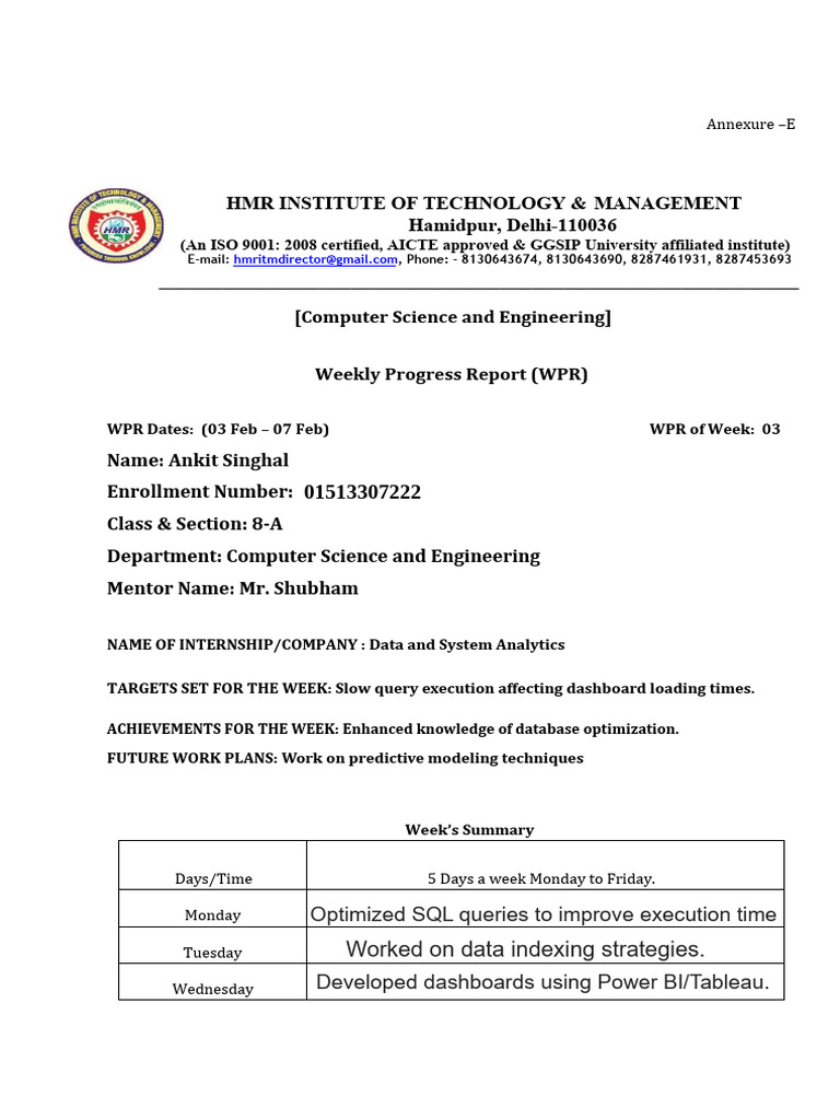Weekly Progress Report for Internship | PDF