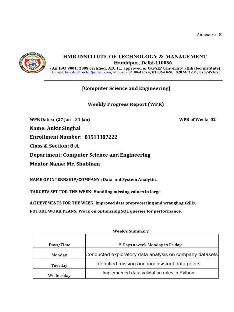 WPR Format For Internship | PDF