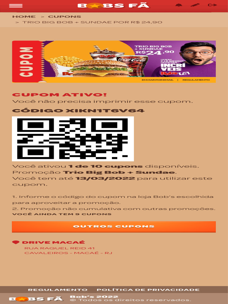 Cupom Ativo XIKN1T6V64 Bob's Fã | PDF
