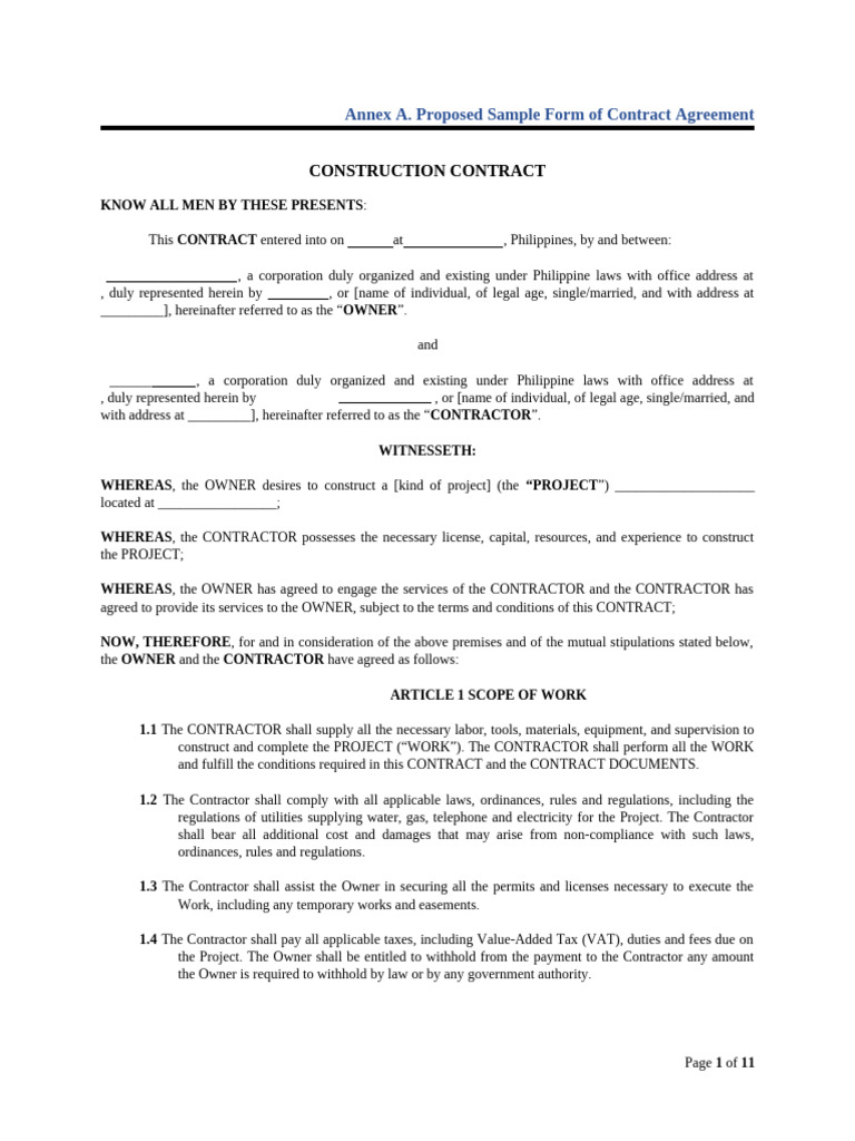 Annex A Sample Short Form of Construction Contract 1 | PDF | Surety ...