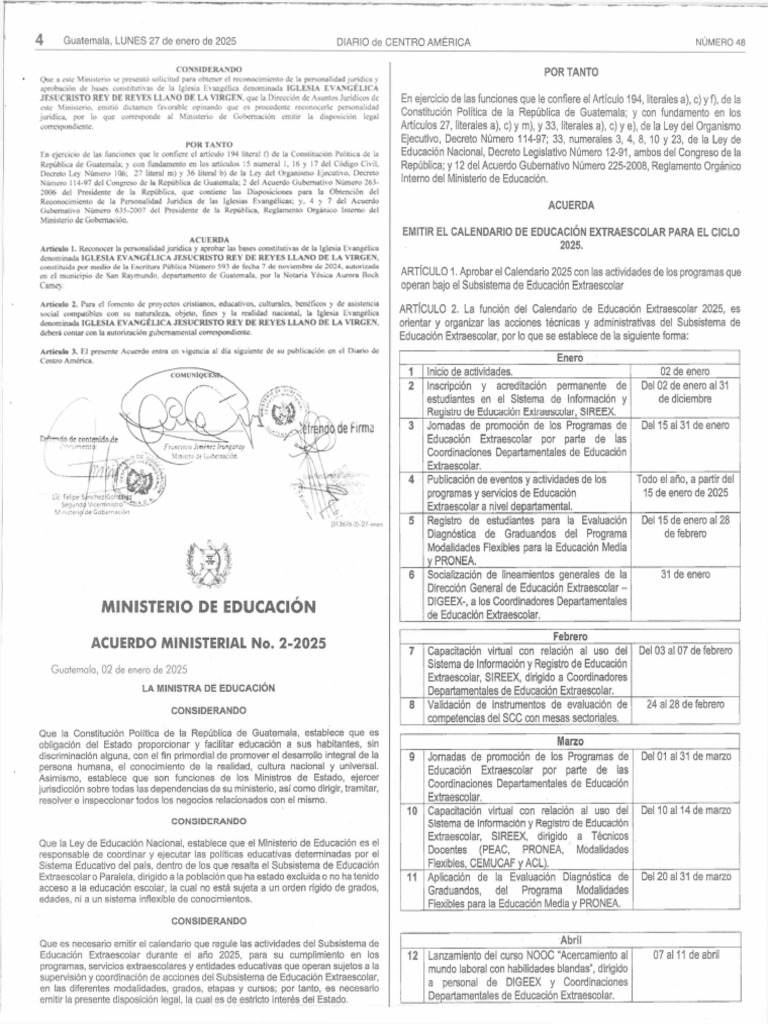 Acuerdo Ministerial No 2 2025 Calendario de Educacion Extraescolar | PDF