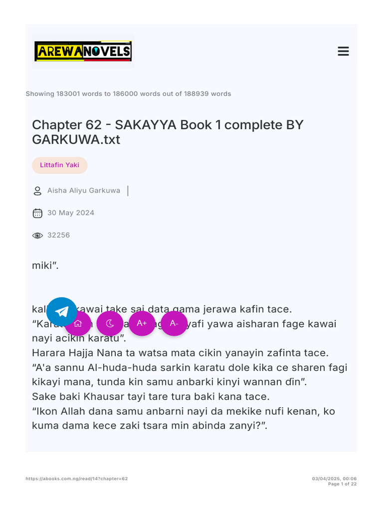 Chapter 62 Reading SAKAYYA Book 1 Complete BY GARKUWA - TXT AREWA NOVELS | PDF