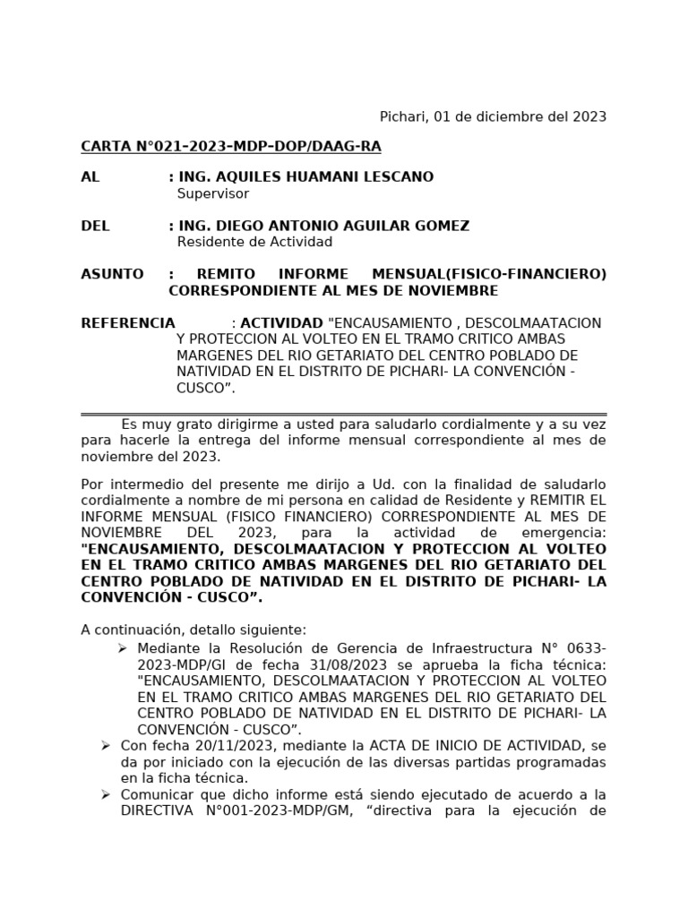 CARTA N°021 Entrega Informe Super NOVIEMBRE | PDF
