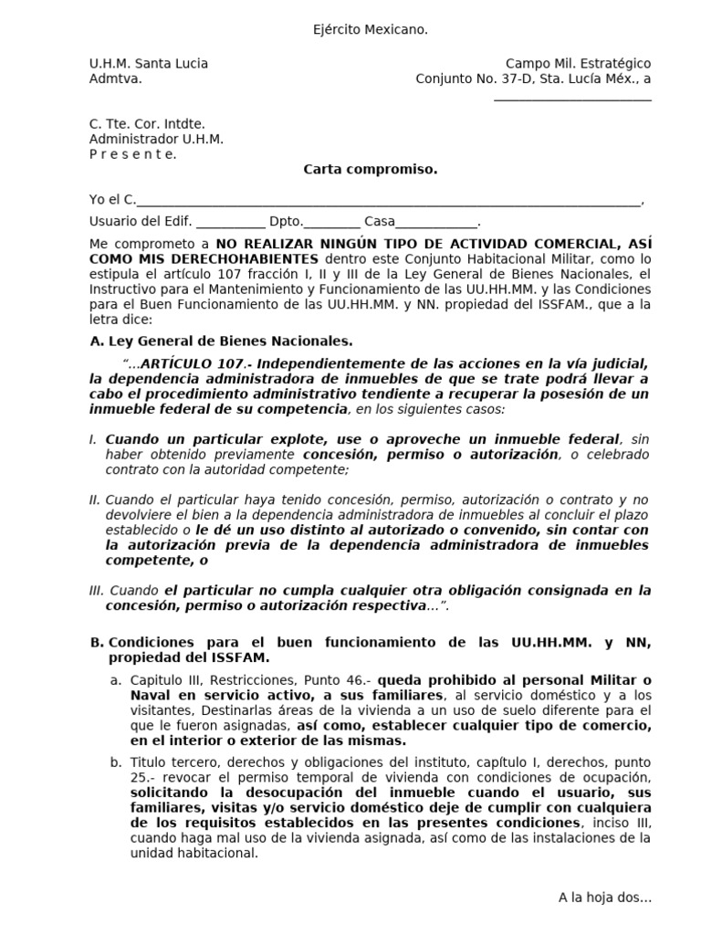 Compromiso de No Actividad Comercial en Vivienda Militar | PDF | Barrio ...