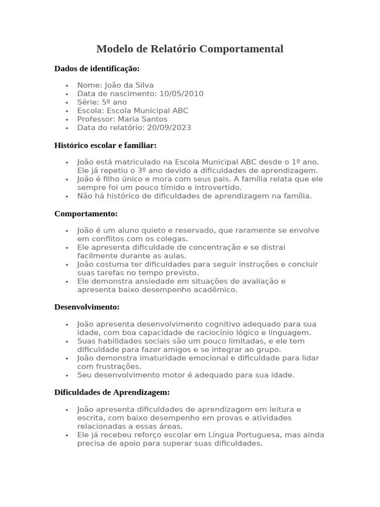 Modelo de Relatório Comportamental | PDF
