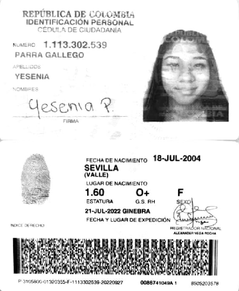 Cédula de Ciudadanía de Yesenia Parra | PDF