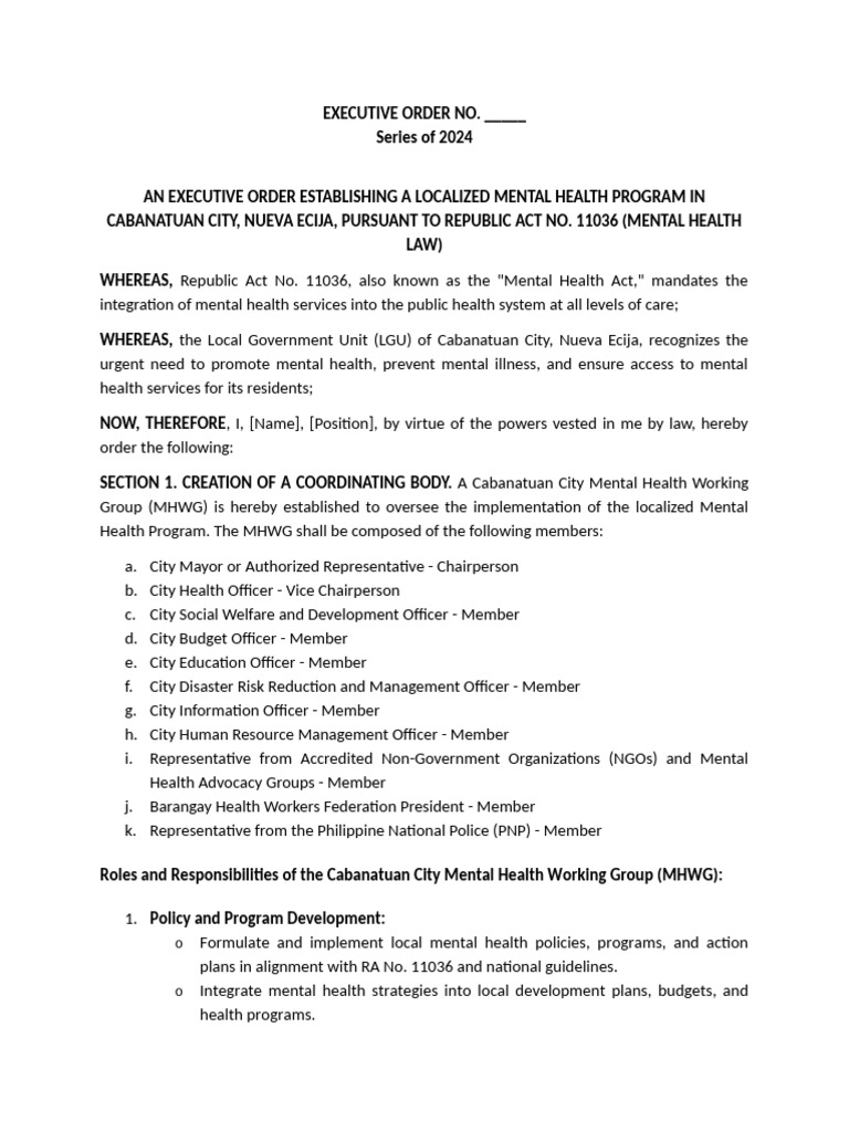 EO On Localized Mental Health in Cabanatuan City | PDF | Mental Health ...