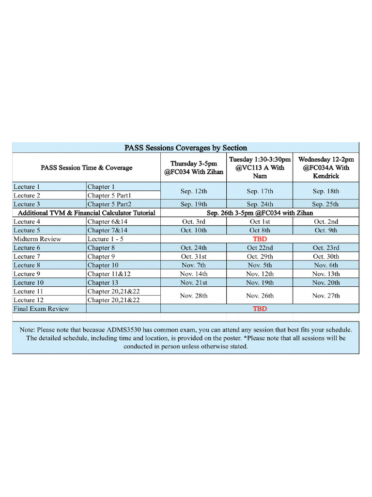 ADMS3530 Fall24 PASS Schedule (Updated Sept 20) | PDF