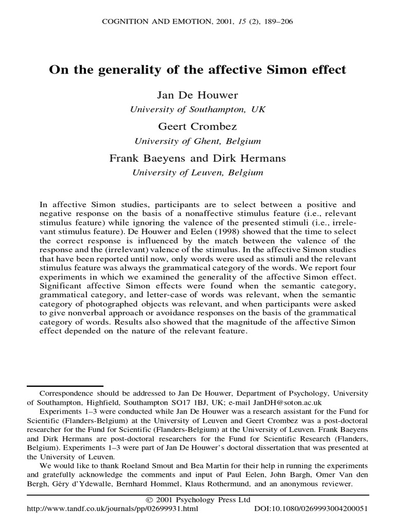 De Houweret al. - On the generality of the affective Simon effect. | PDF | Affect (Psychology ...