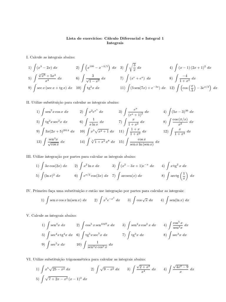 Lista Integrais Complementar | PDF | Cálculo | Analise matemática