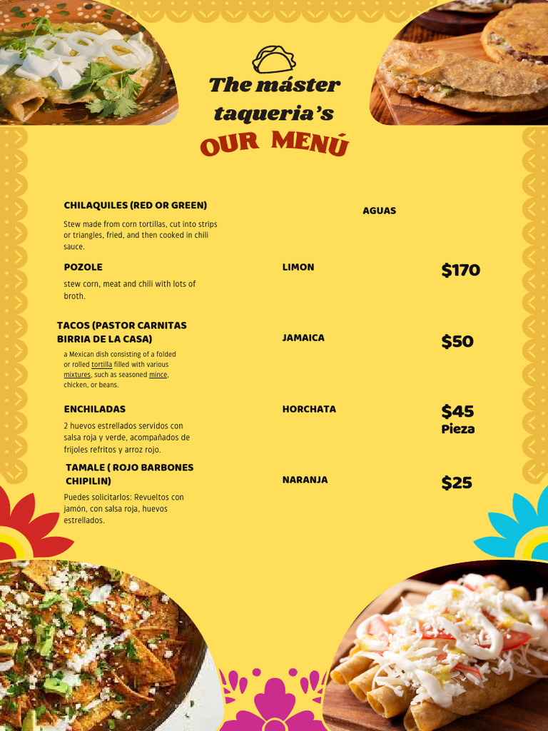 Menú de Comida Mexicana Tradicional Amarillo | PDF