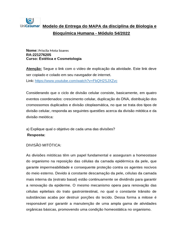 Mapa - Biologia e Bioquimica Humana | PDF | Meiose | Mitose