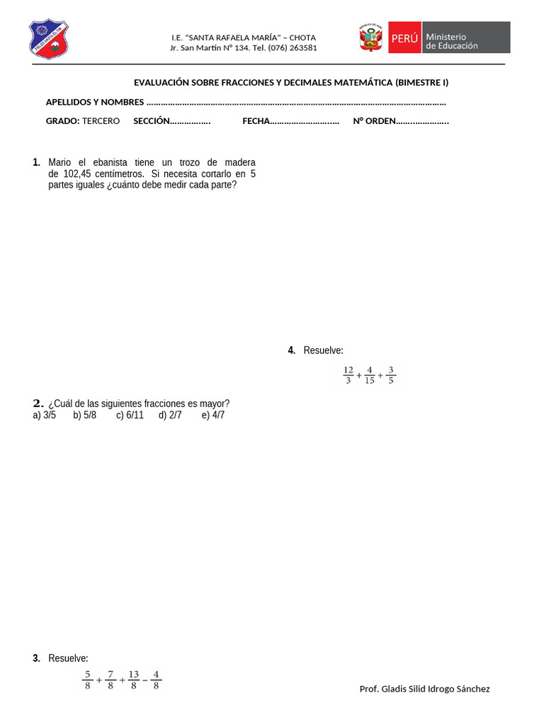 examen fracciones y números racionales 25 | PDF